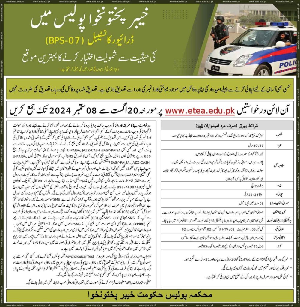 KPK Police Jobs 2024: Apply for Constable, Driver, and Traffic Constable