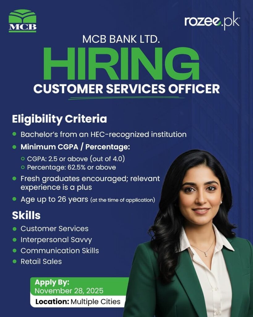 MCB Bank Customer Services Officer Jobs 2025 | Apply Online Before November 28