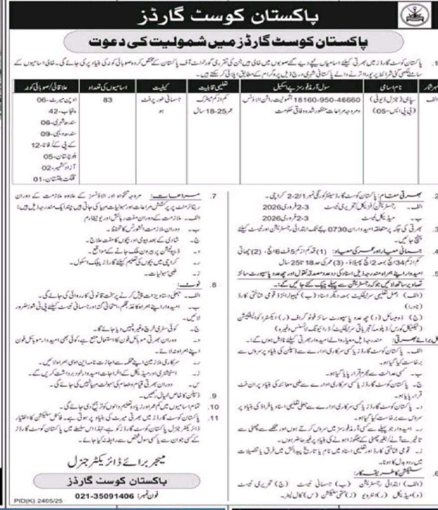 Pakistan Coast Guards Jobs 2026 for Sepoy (General Duty) | Eligibility ...