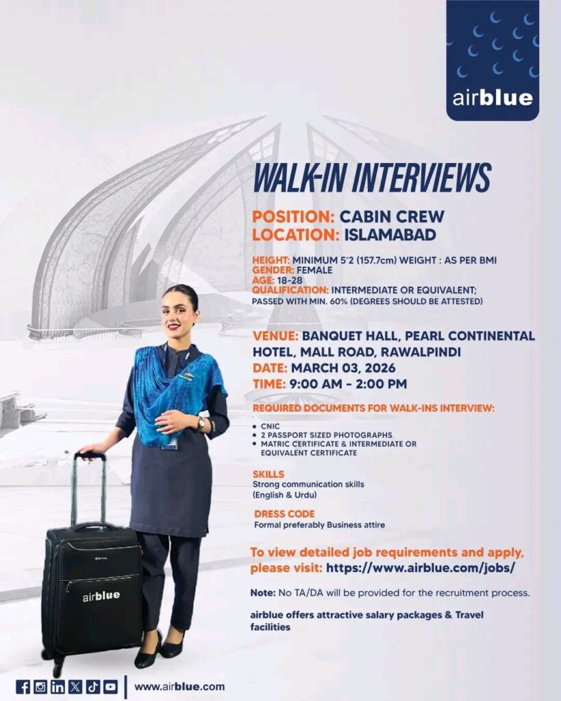 Airblue Cabin Crew Jobs 2026 – Walk-In Interview in Islamabad